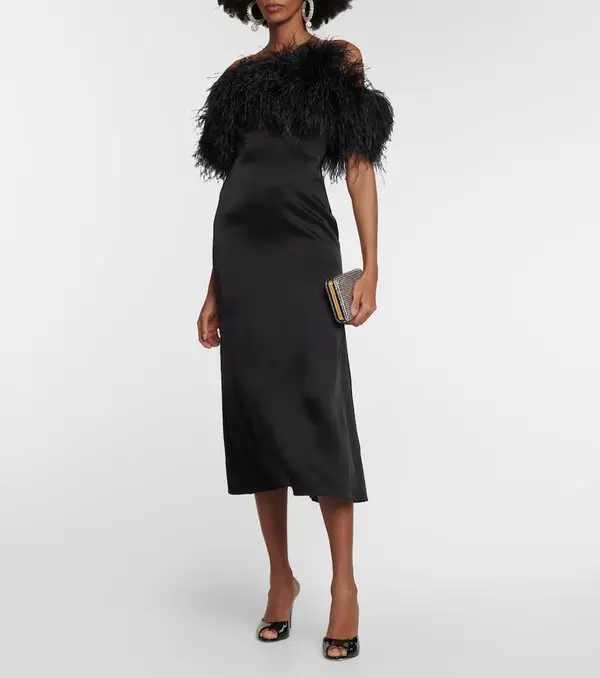 David Koma Feather-trimmed Satin Midi Dress