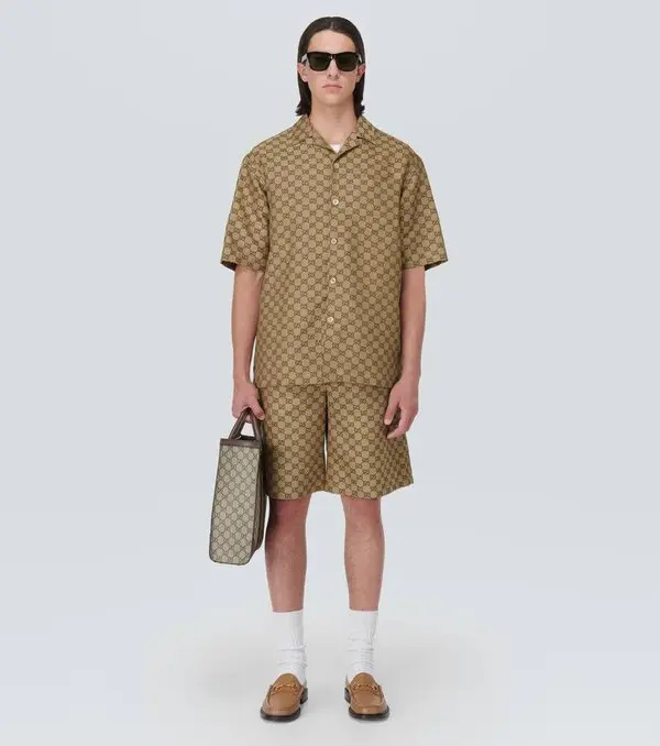 GUCCI GGパターン 半袖シャツ ベージュ Gucci Gg Jacquard Linen-Blend Shirt - Beige | Editorialist
