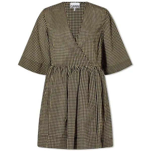 GANNI Seersucker Check Wrap Mini Dress