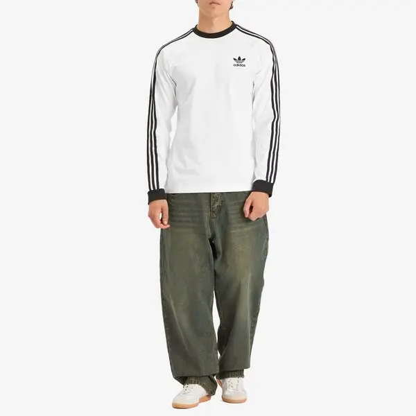 Adidas Long Sleeve 3 Stripe T-Shirt - White | Editorialist