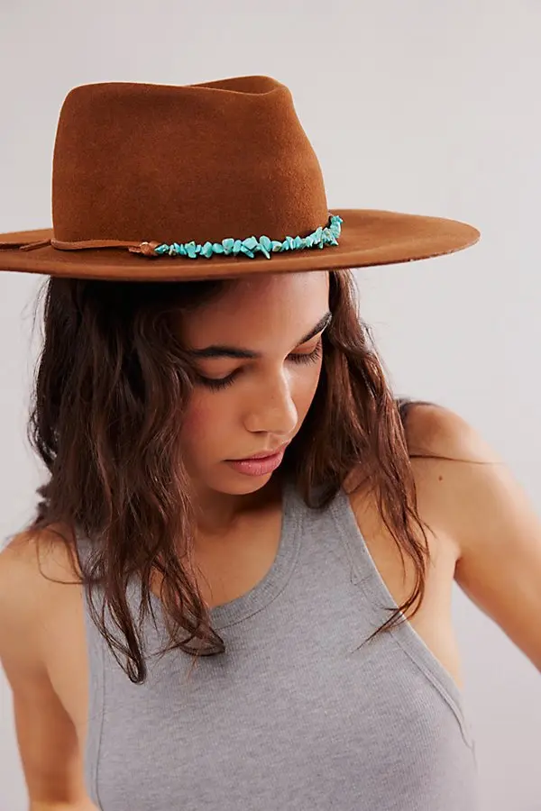 LOVELY BIRD Montana Felt Hat With Turquoise - Whiskey