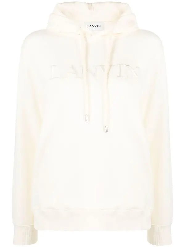LANVIN Logo-embroidered Fleece Hoodie - Neutrals