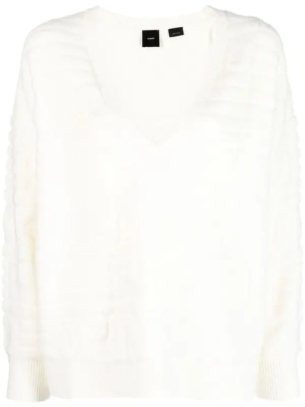Pinko Intarsia-knit Logo V-neck Jumper - White