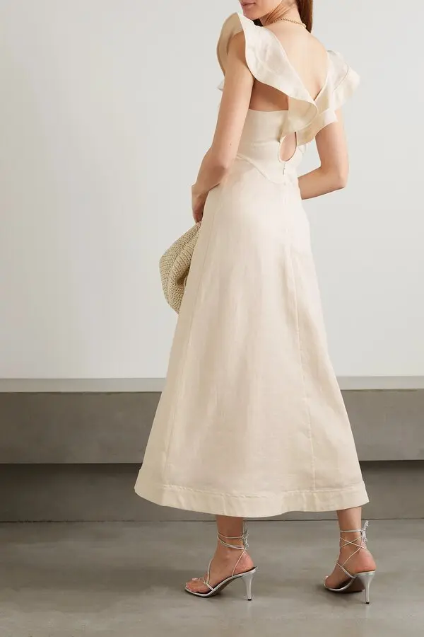 Zimmermann Halcyon Cutout Ruffled Shell-embellished Linen Midi Dress