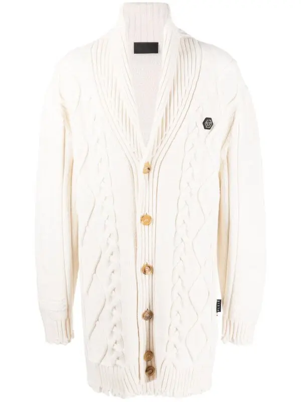 Philipp Plein Cable-knit Distressed-finish Cardigan - White