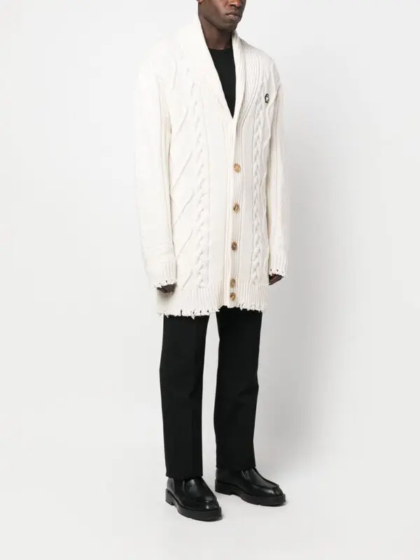 Philipp Plein Cable-knit Distressed-finish Cardigan - White
