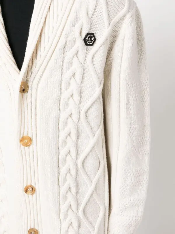 Philipp Plein Cable-knit Distressed-finish Cardigan - White