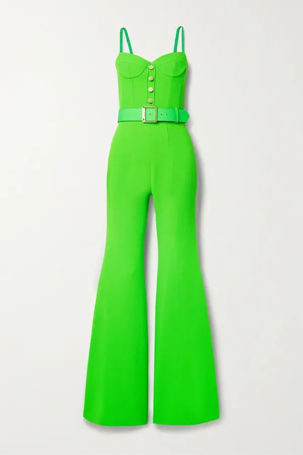 SERGIO HUDSON Belted Wool-crepe Jumpsuit - Green