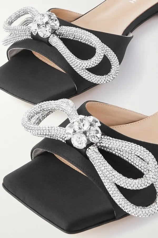 Mach & Mach Double Bow Crystal-embellished Satin Slides - Black
