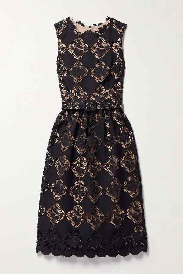 Oscar De La Renta Belted Guipure Lace Midi Dress - Black