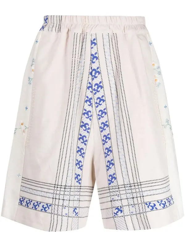 By Walid Embroidered Linen Shorts - Neutrals