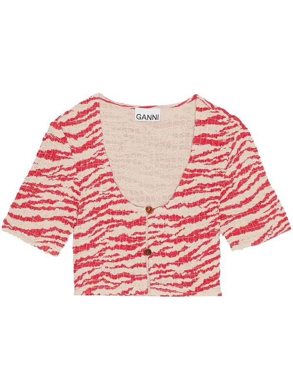 GANNI Crinkled Zebra-print Cropped Top