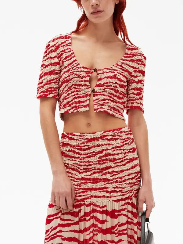 GANNI Crinkled Zebra-print Cropped Top