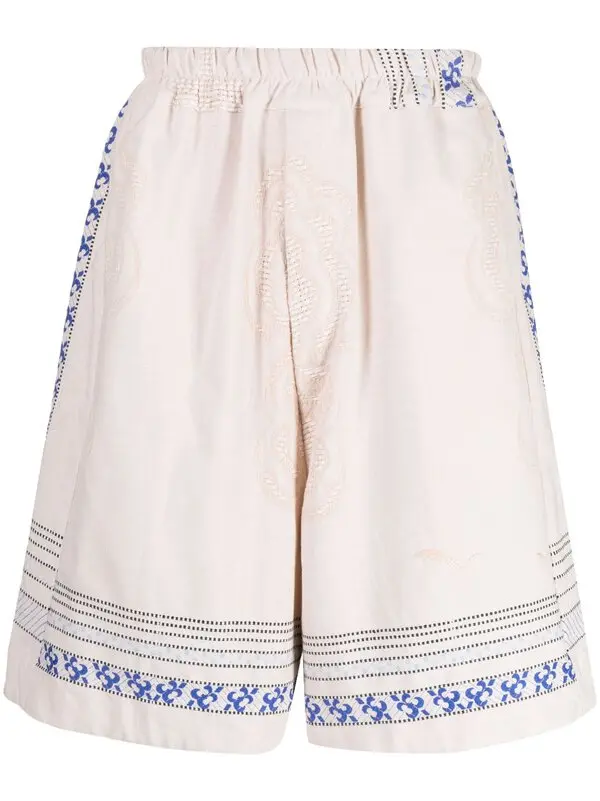 By Walid Floral-embroidered Linen Drop-crotch Shorts - Neutrals