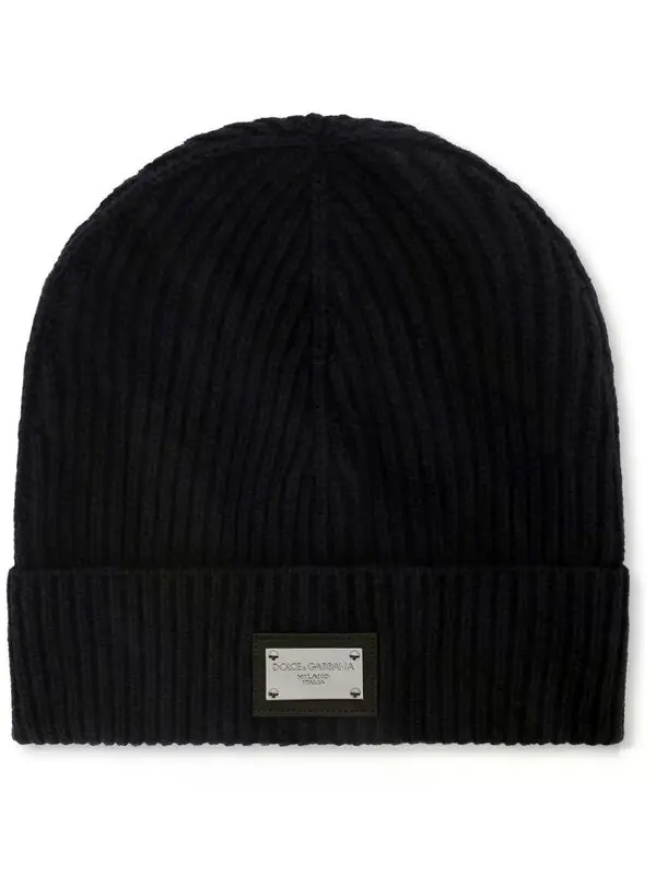 Dolce & Gabbana Ribbed Knit Beanie With Silver-tone Logo Plaque - Blue
