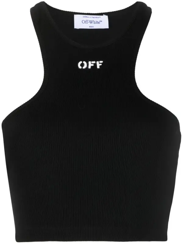 Off-White Logo-print Ribbed-knit Racerback Top - Black