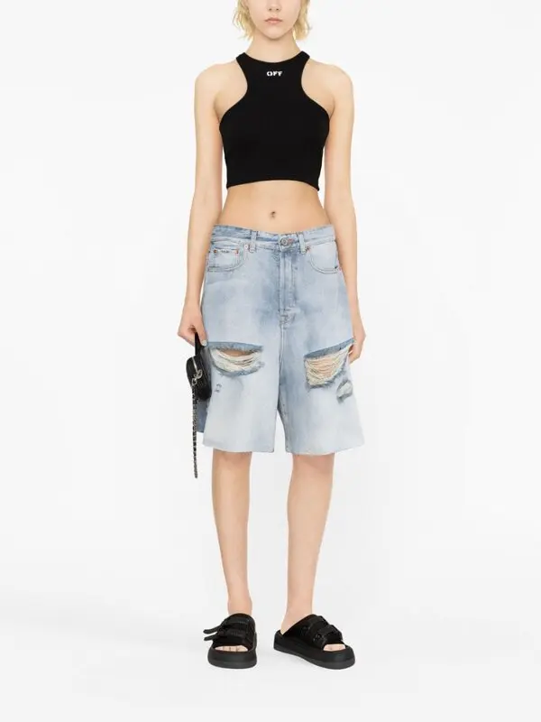 Off-White Logo-print Ribbed-knit Racerback Top - Black