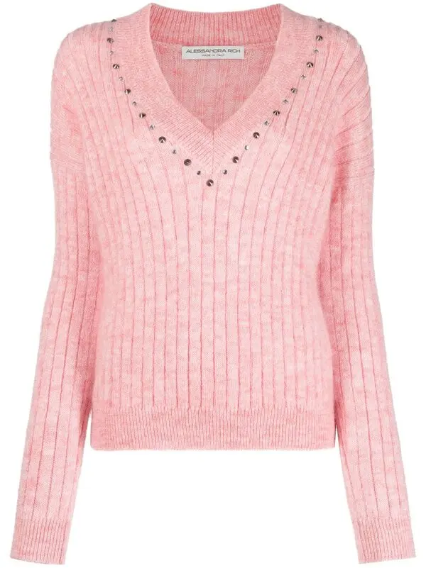 Alessandra Rich Stud-embellished Ribbed Jumper - Pink