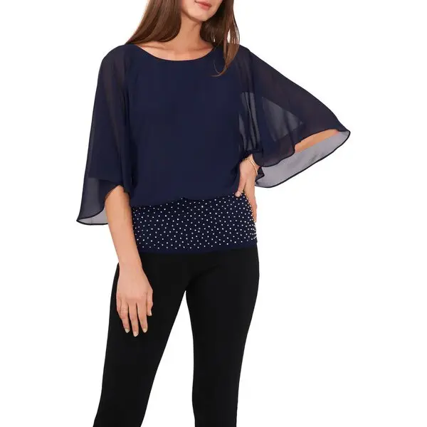 Chaus Flutter Sleeve Blouson Top - Navy