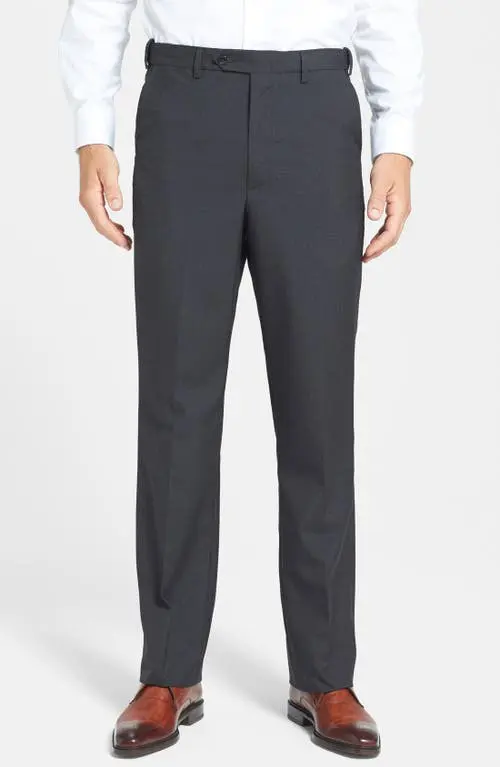 Berle Self Sizer Waist Plain Weave Flat Front Trousers - Charcoal