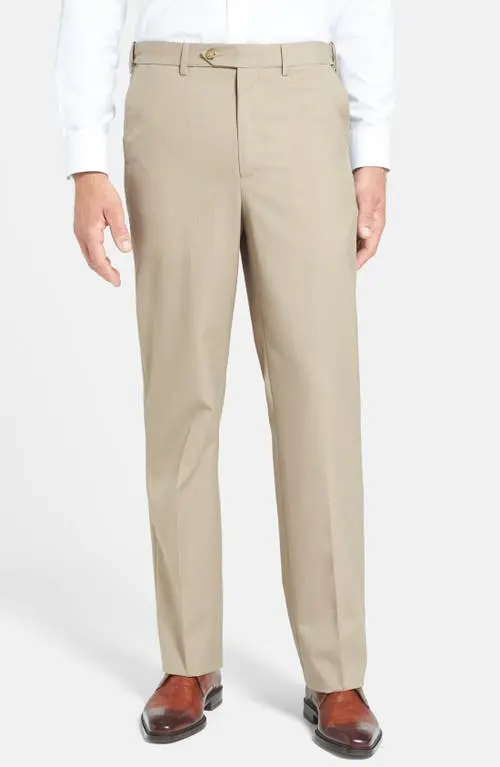 Berle Self Sizer Waist Plain Weave Flat Front Trousers - Tan