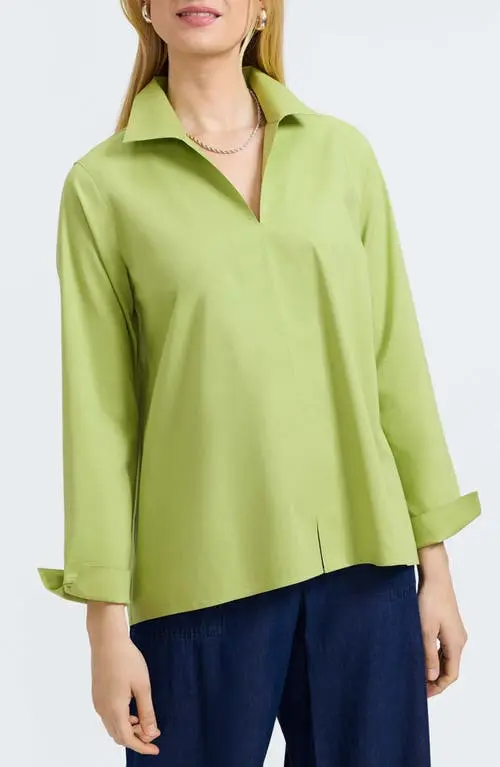 Foxcroft Agnes Split Cuff Popover Blouse - Celery
