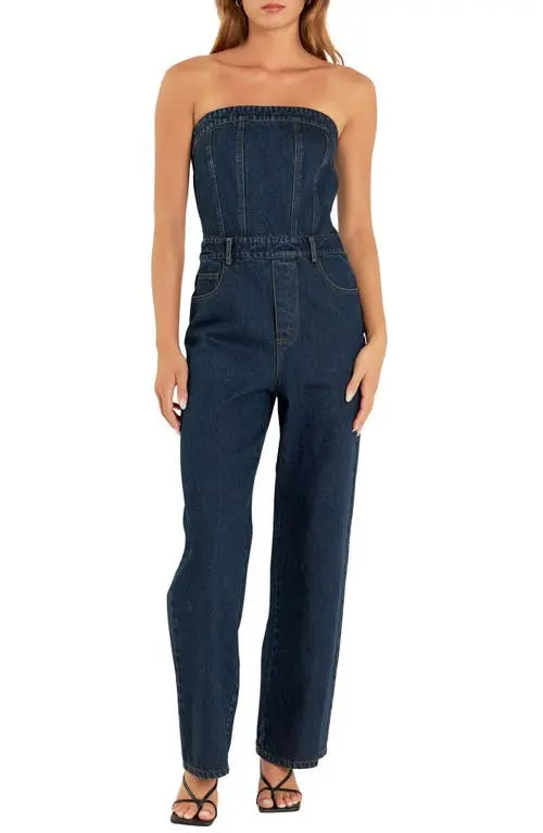 GREY LAB Strapless Corset Denim Jumpsuit - Navy