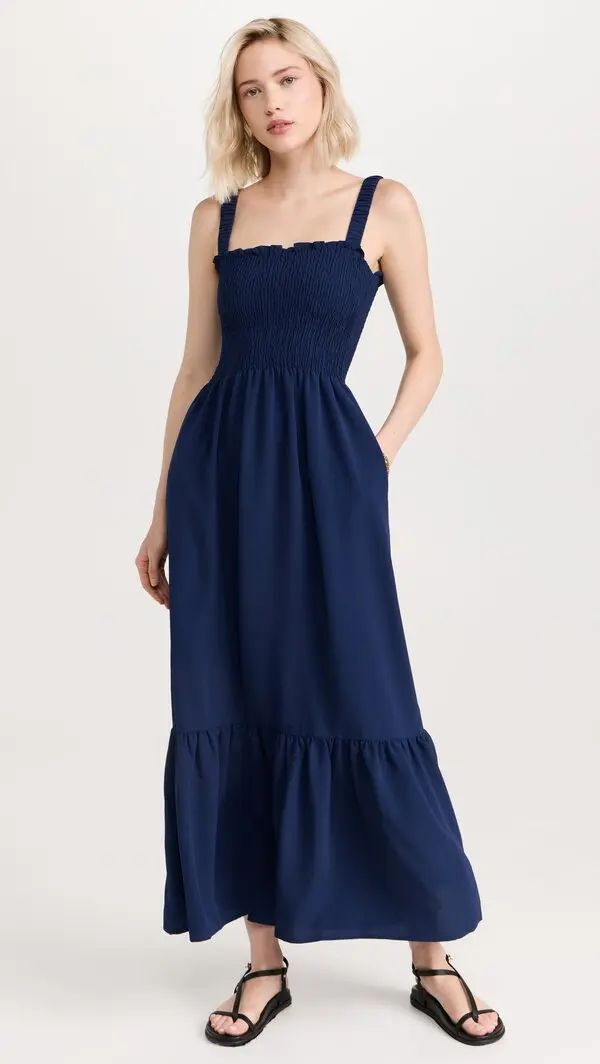 Hill House Home Anjuli Smocked Maxi Dress With Ruffled Hem - Navy