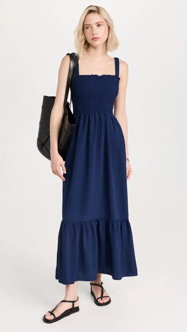 Hill House Home Anjuli Smocked Maxi Dress With Ruffled Hem - Navy