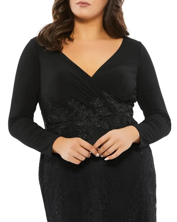 Mac Duggal Plus Wrap-over Long Sleeve Lace Applique Trumpet Gown