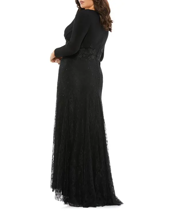 Mac Duggal Plus Wrap-over Long Sleeve Lace Applique Trumpet Gown