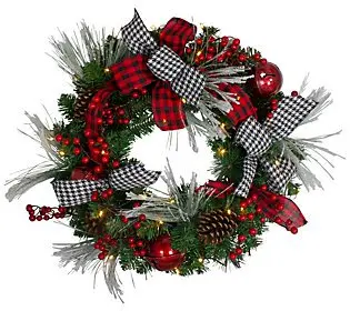 NORTHLIGHT Plaid And Houndstooth 24' Wreath War White Lights - One-color