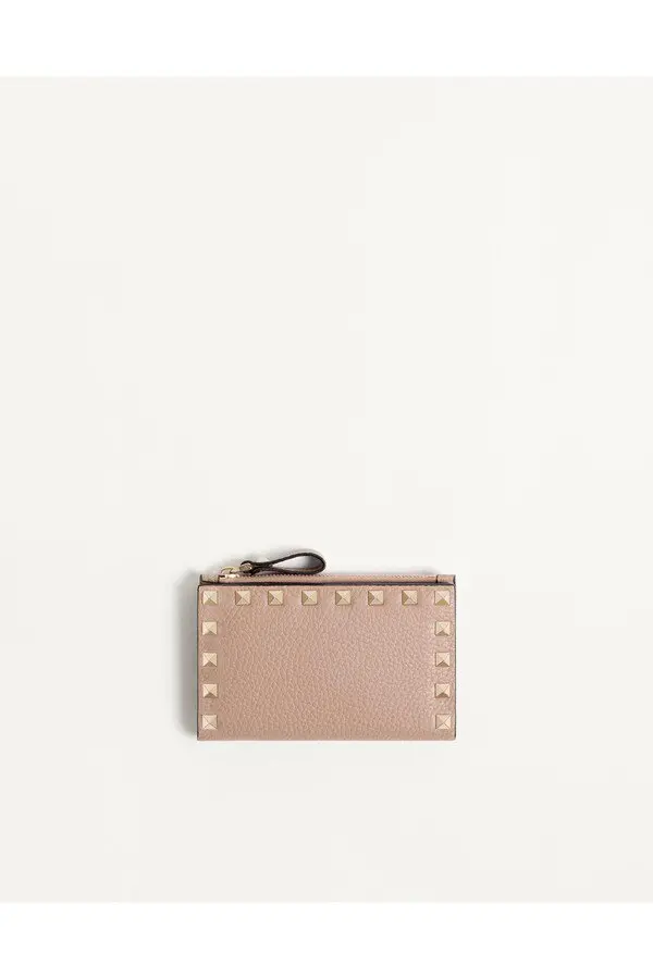 Valentino Garavani Rockstud Grainy Calfskin Cardholder With Zipper - Natural