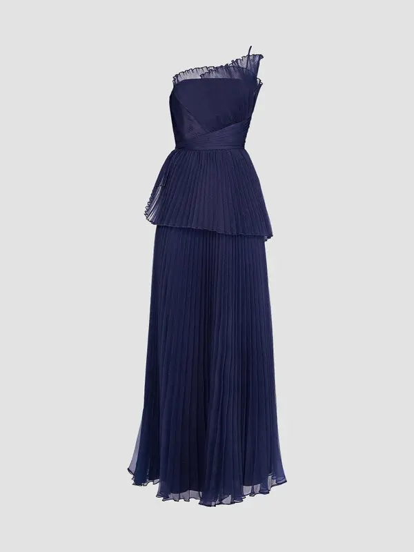 Theia Delphine Pleated One-shoulder Organza Gown - Navy