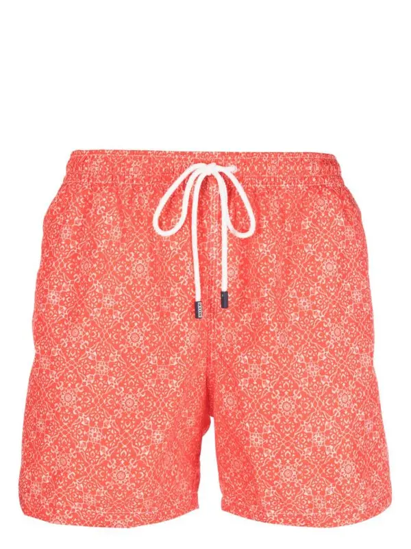 Fedeli Zalij Pattern Drawstring Swim Shorts - Orange