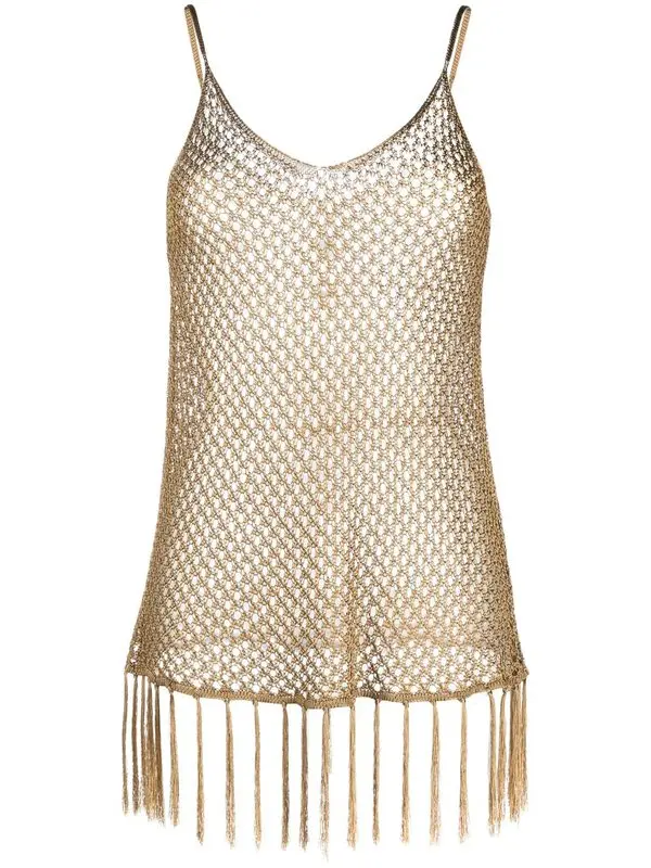 Dodo Bar Or Open-knit Fringed Top - Gold