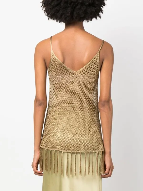 Dodo Bar Or Open-knit Fringed Top - Gold