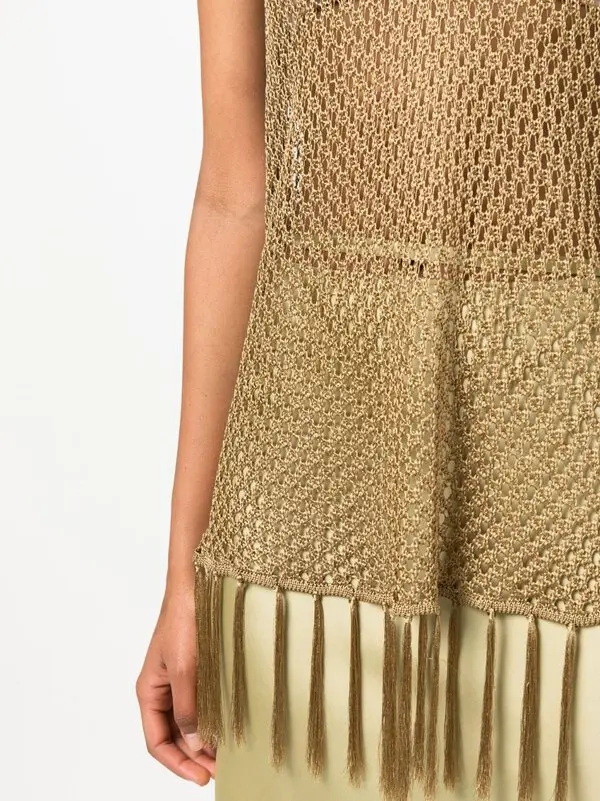 Dodo Bar Or Open-knit Fringed Top - Gold
