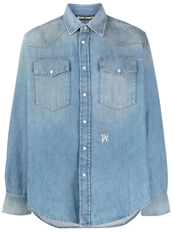 Palm Angels Monogram-embroidered Denim Shirt - Blue
