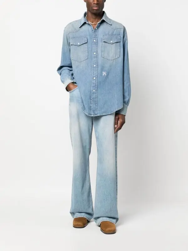 Palm Angels Monogram-embroidered Denim Shirt - Blue