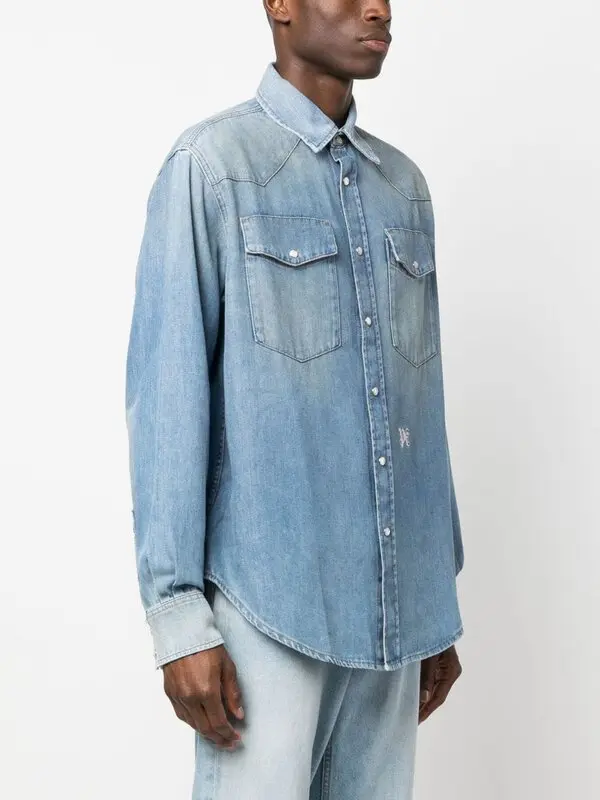 Palm Angels Monogram-embroidered Denim Shirt - Blue