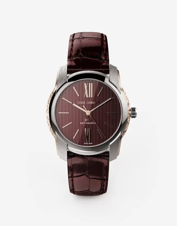 Dolce & Gabbana Dg7 Watch In Steel With Engraved Gold Decoration - Burgundy