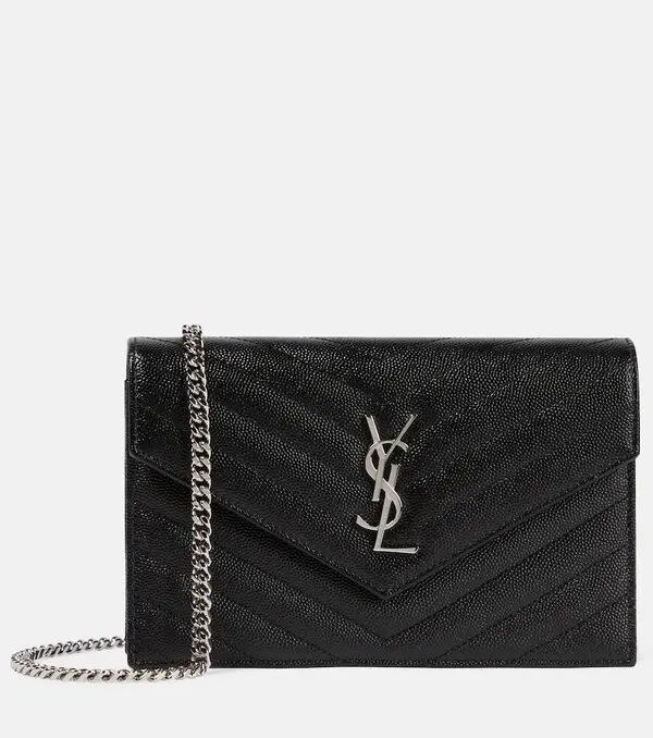 Saint Laurent Cassandre Matelassé Envelope Leather Wallet On Chain - Black