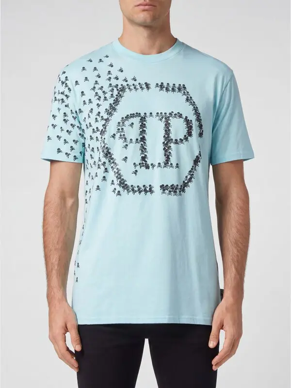 Philipp Plein Cotton T-shirt With Contrasting Hexagon Logo Print On The Chest - Turquoise