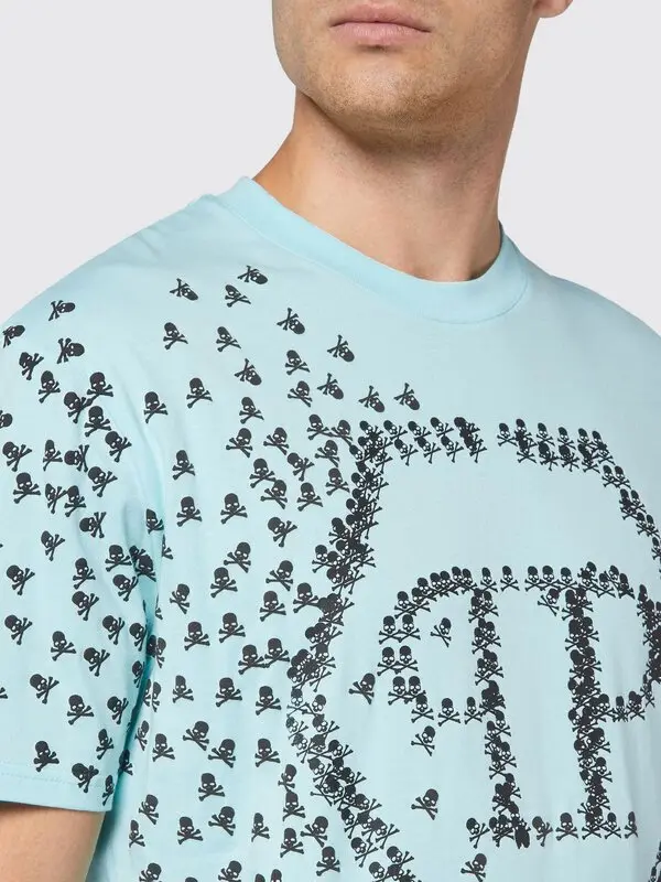 Philipp Plein Cotton T-shirt With Contrasting Hexagon Logo Print On The Chest - Turquoise
