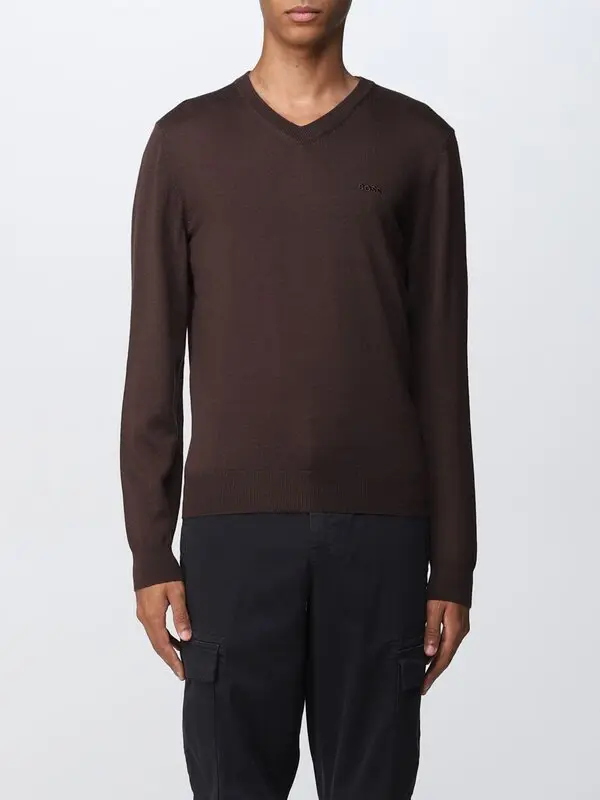 BOSS V-neck Fine Knit Sweater - Brown