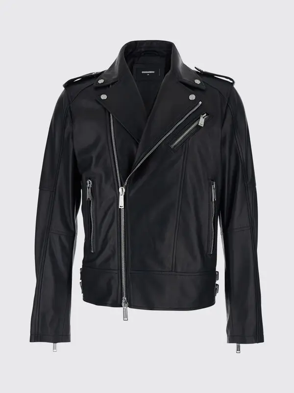 Dsquared2 Leather Biker Jacket With Side Zip And Epaulettes