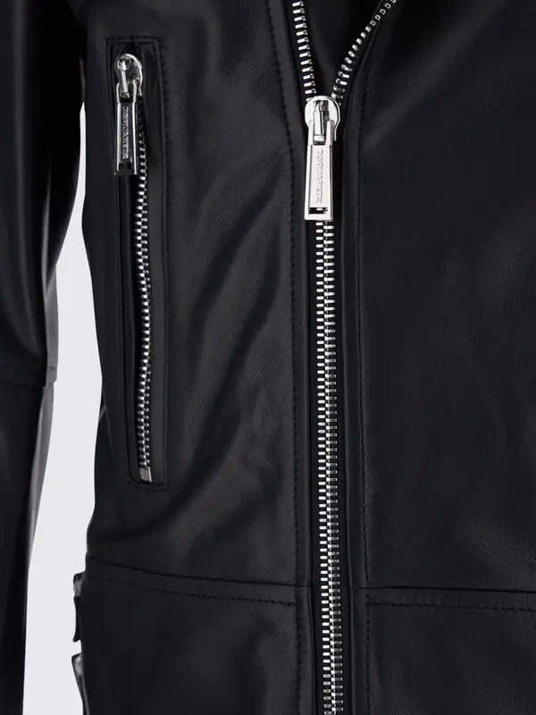 Dsquared2 Leather Biker Jacket With Side Zip And Epaulettes