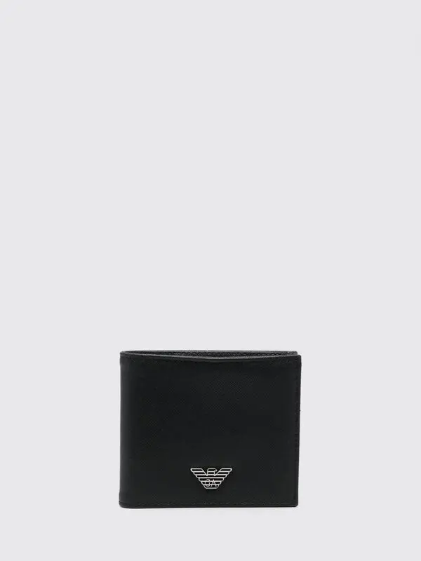 Emporio Armani Saffiano Bifold Wallet With Monogram And Eagle Logo - Black