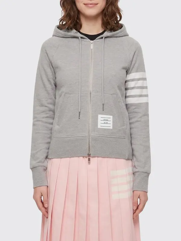 Thom Browne Zip Up Hoodie With Four Bar Detail - Grey